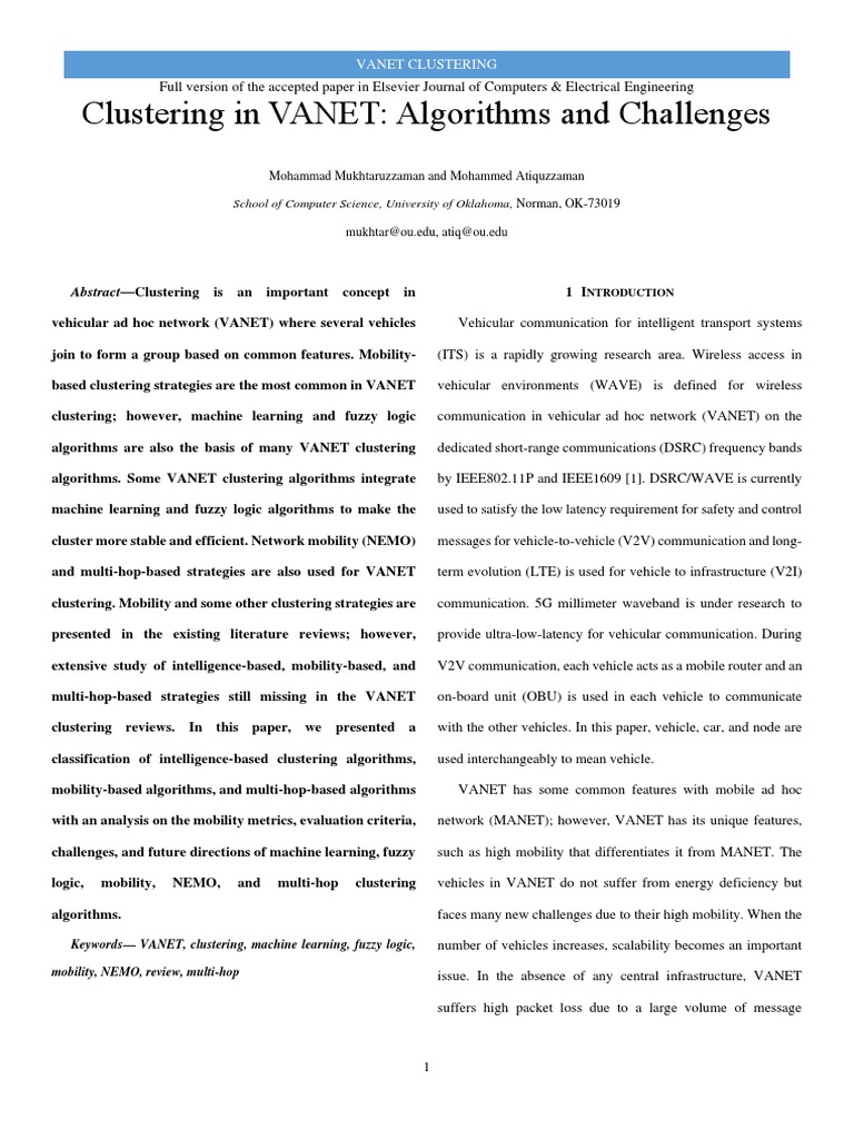Clustering in VANET: Algorithms and Challenges | PDF | Cluster Analysis | Wireless Ad Hoc Network