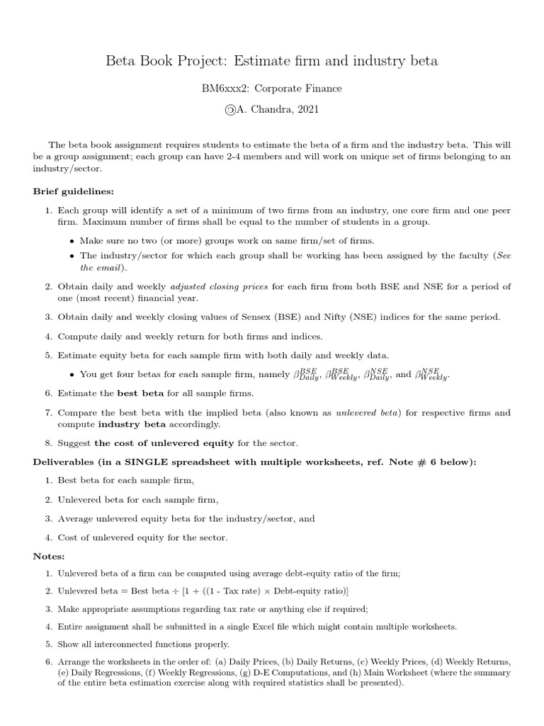 Beta Book Project: Estimate Firm and Industry Beta: BM6xxx2: Corporate ...