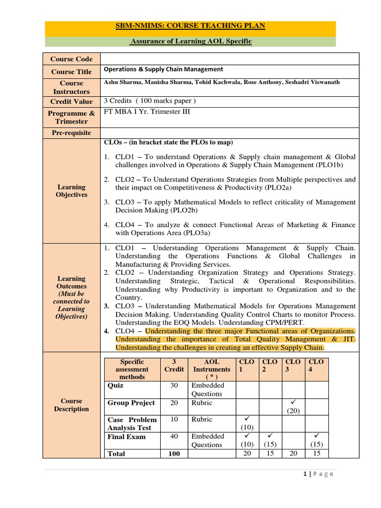 Operations and Supply Chain Management Course Outline | PDF | Test ...