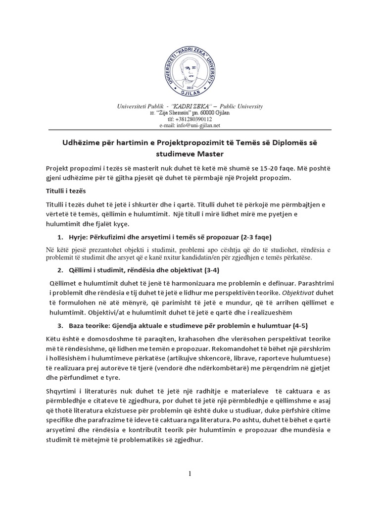 Udhëzime Për Hartimin e Projektpropozimit Të Temës Së Masterit 1 1 | PDF