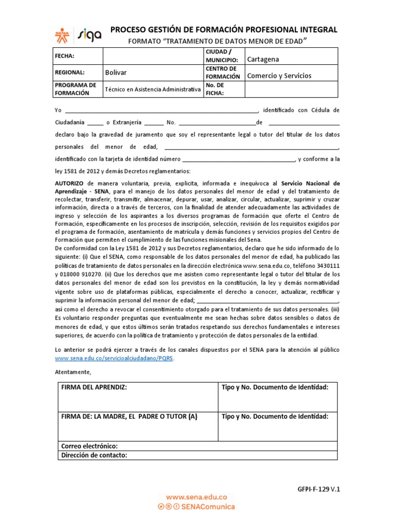 GFPI-F-129 Formato Tratamiento de Datos Menor de Edad | PDF