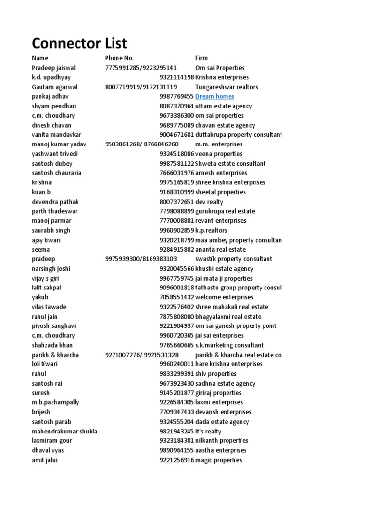 Connector List: Dream Homes | PDF