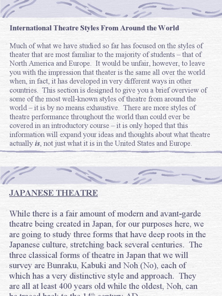 Global Theatre Styles Overview | PDF | Theatre | Performing Arts
