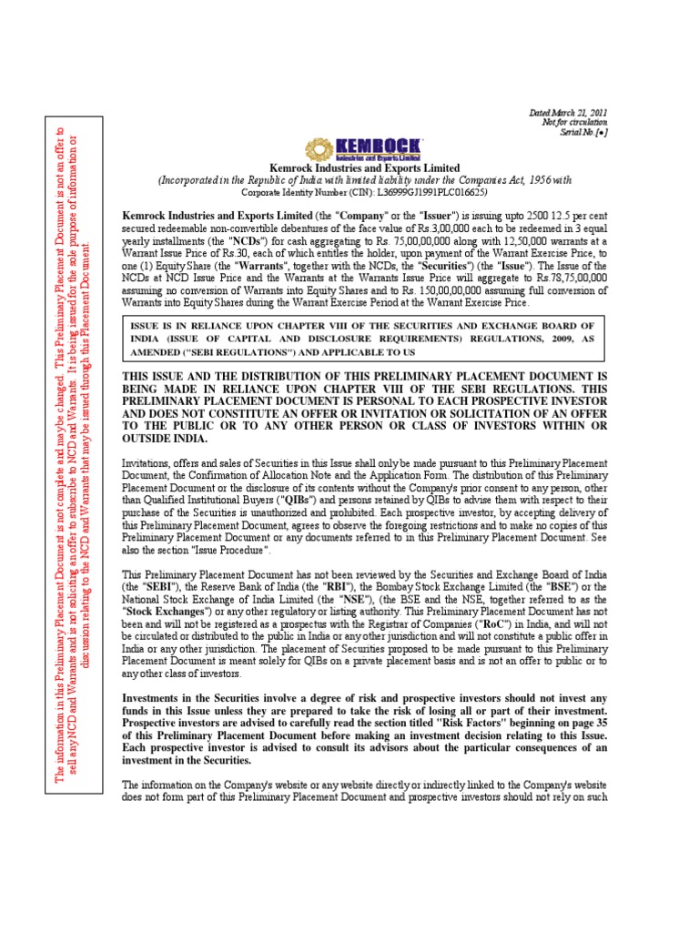 Kemrock QIP PPD | PDF | Securities Act Of 1933 | Securities (Finance)