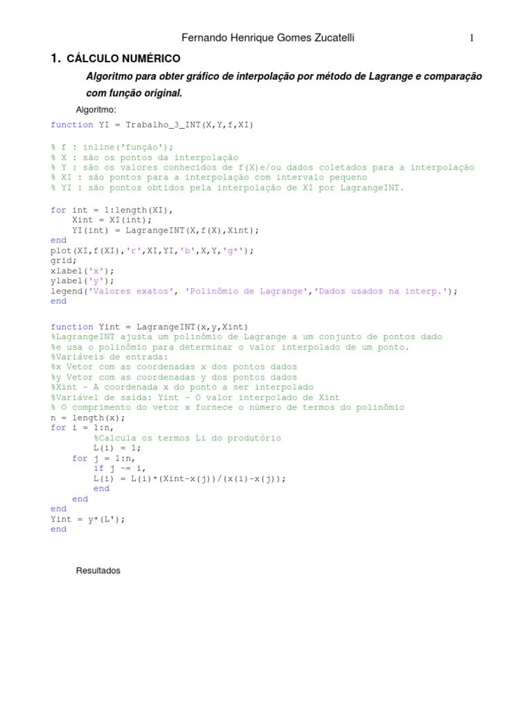 Cálculo Numérico - Interpolação Por Método de Lagrange - MATLAB | PDF