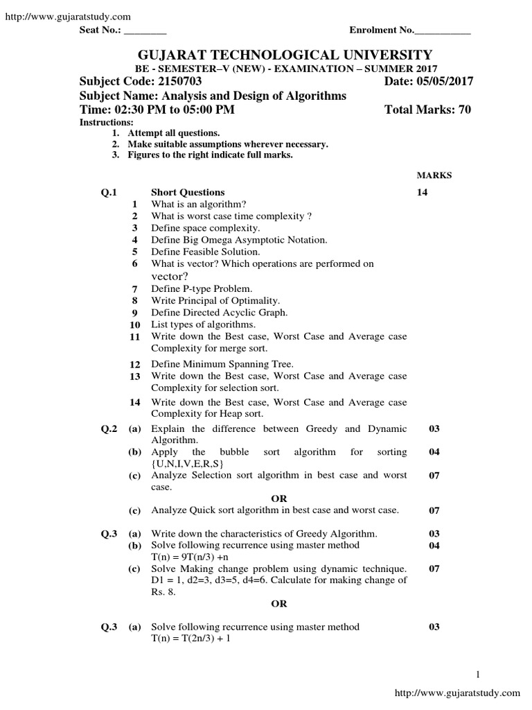 Apy Material Be 5 Sem Analysis And Design Of Algorithms 2150703 Summer 2017 Pdf Algorithms
