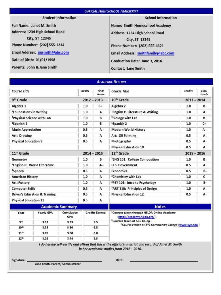 Official High School Transcript | PDF