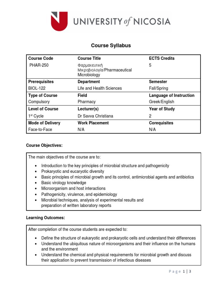 Course Syllabus: Course Code Course Title ECTS Credits | PDF | Microorganism | Infection
