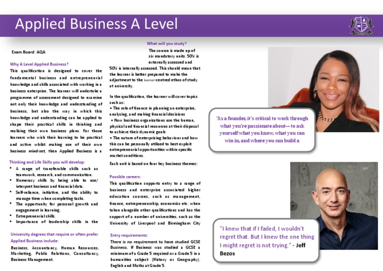 Applied Business A Level: Exam Board AQA | PDF | Entrepreneurship ...