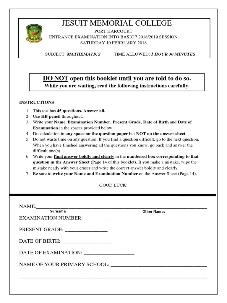 JMC Entrance Sample Questions Maths | PDF | Area | Litre