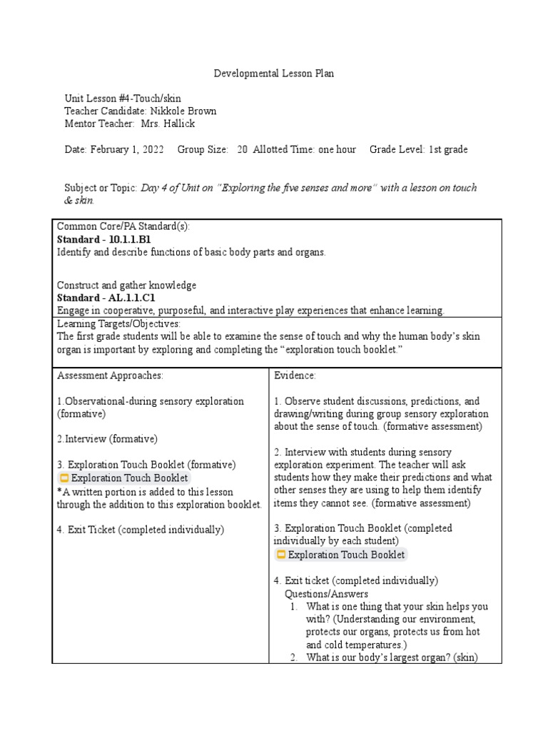 5 Senses Unit Day 4-Touch Skin Lesson | PDF | Educational Assessment ...