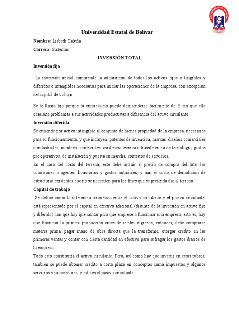 Inversion Total | PDF | Capital de trabajo | Capital (economía)