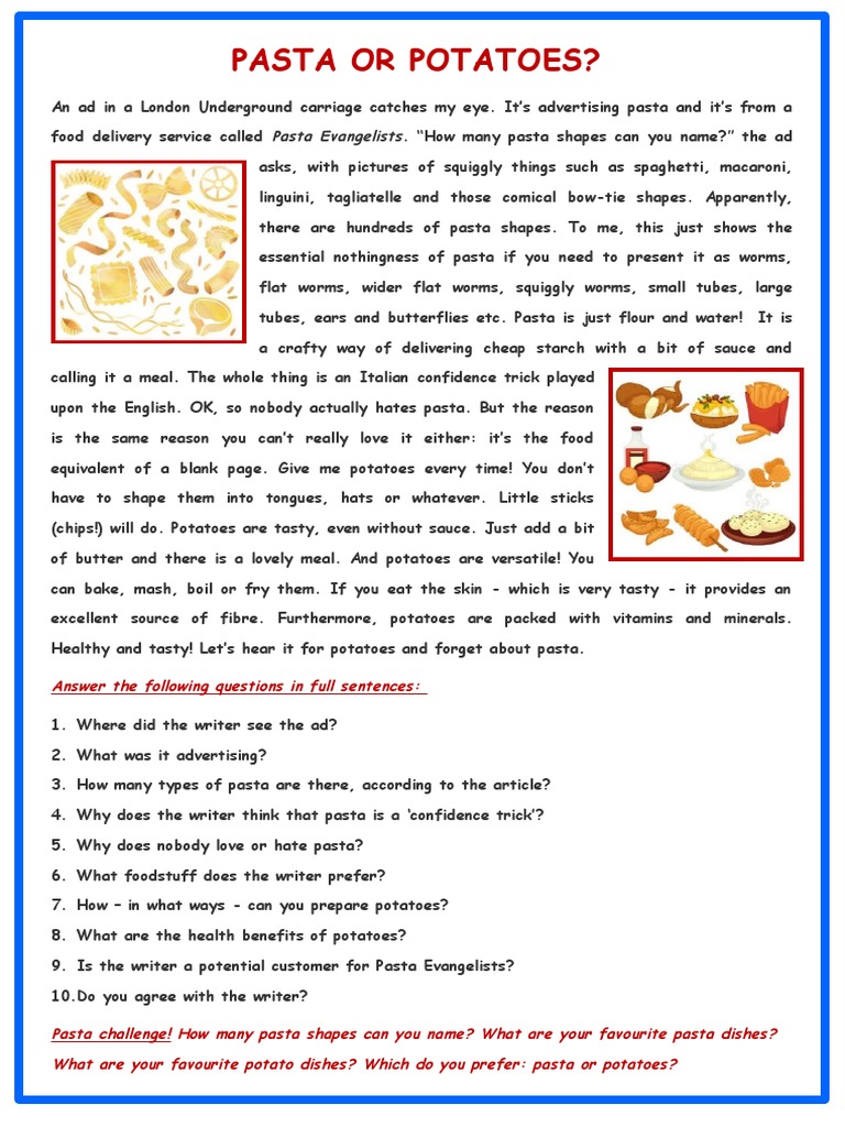 Pasta or Potatoes Reading Comprehension Exercises 137958 | PDF | Pasta ...