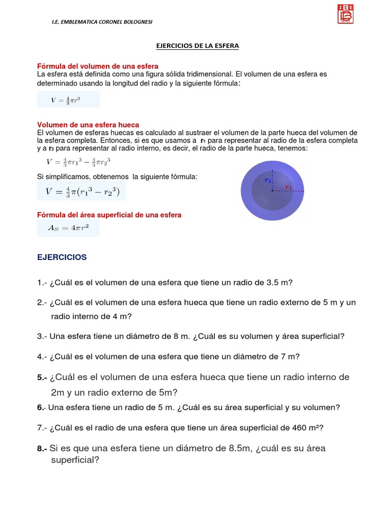 Hoja De Trabajo Con Problemas De Palabras Sobre El Volumen De Una Esfera