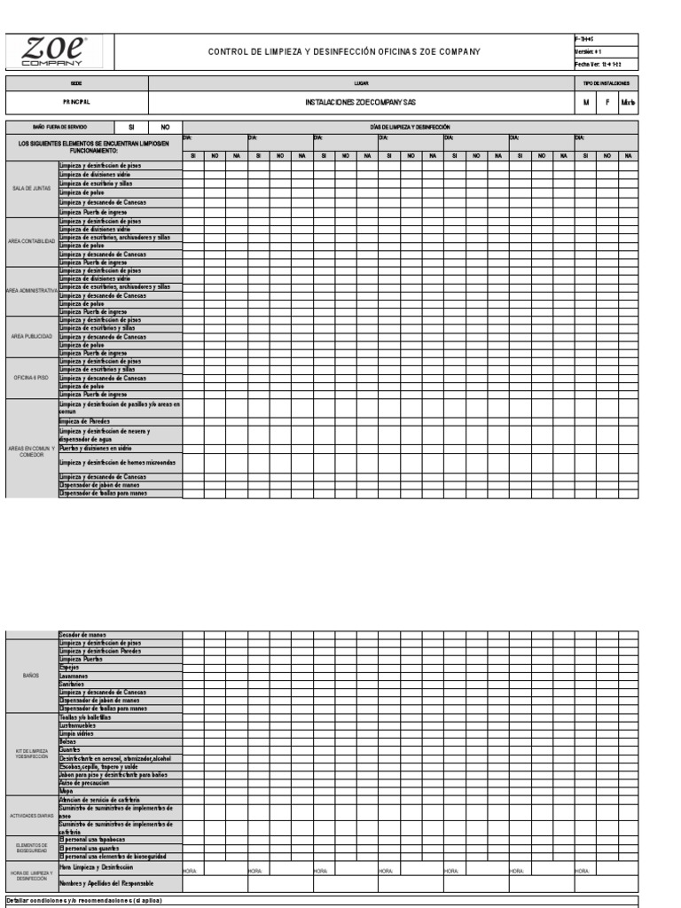 Planilla de Aseo y Desinfeccion | PDF | Higiene | Inicio