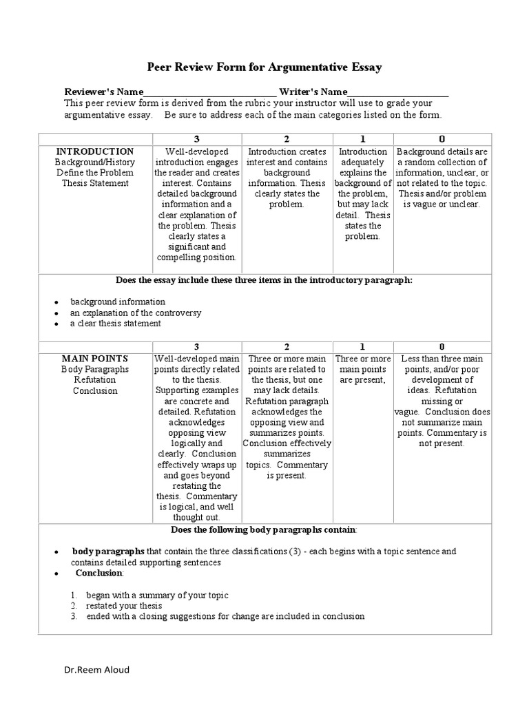 Peer Review Form For ARGUMENT ESSAY | PDF | Essays | Linguistics