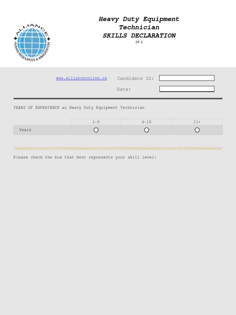 Heavy Duty Equipment Technician Skills Declaration: Candidate ID: Date ...