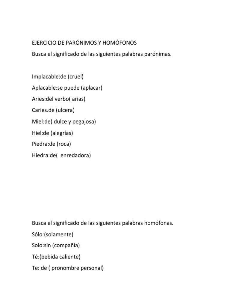 Ejercicio de Parónimos y Homófonos | PDF | Artes del Lenguaje y ...
