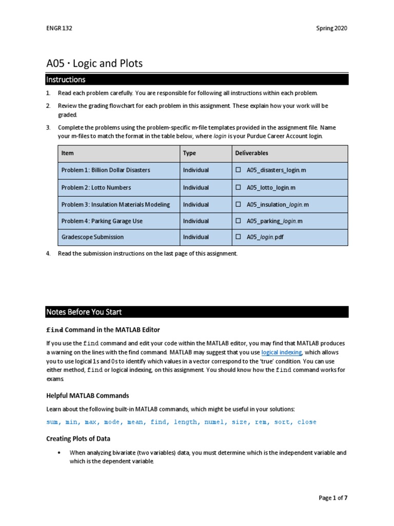 A05 Logic and Plots: Instructions | PDF | Numbers | Matlab