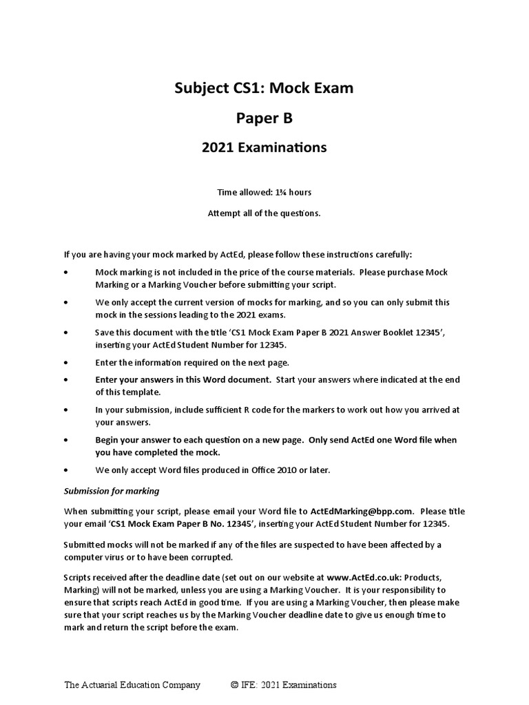 CS1 Mock Exam Paper B 2021 Answer Booklet 12345 | PDF | Test (Assessment)
