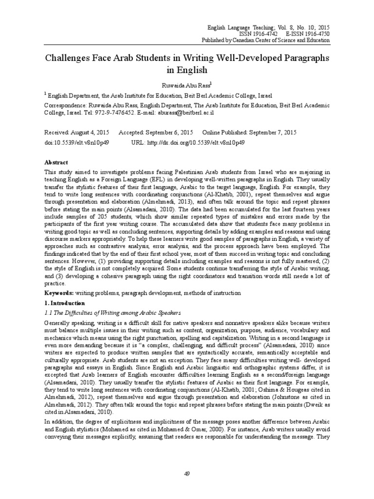 Challenges Face Arab Students in Writing Well-Developed Paragraphs in ...