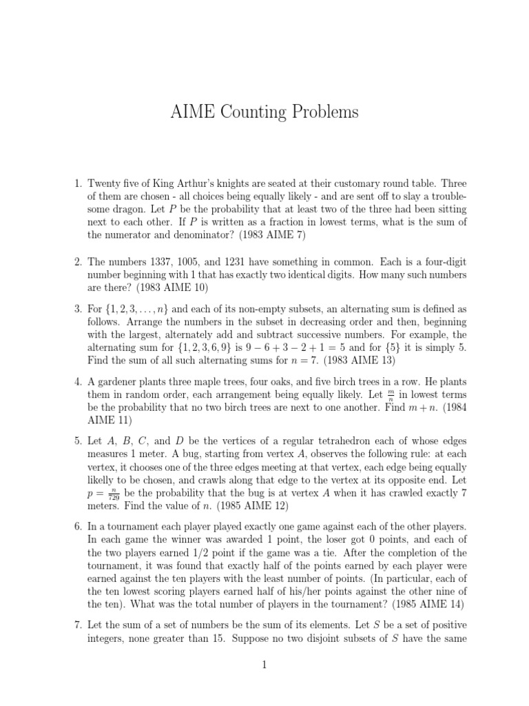 AIME Probability and Combinatorics Problems | PDF | Numbers | Summation