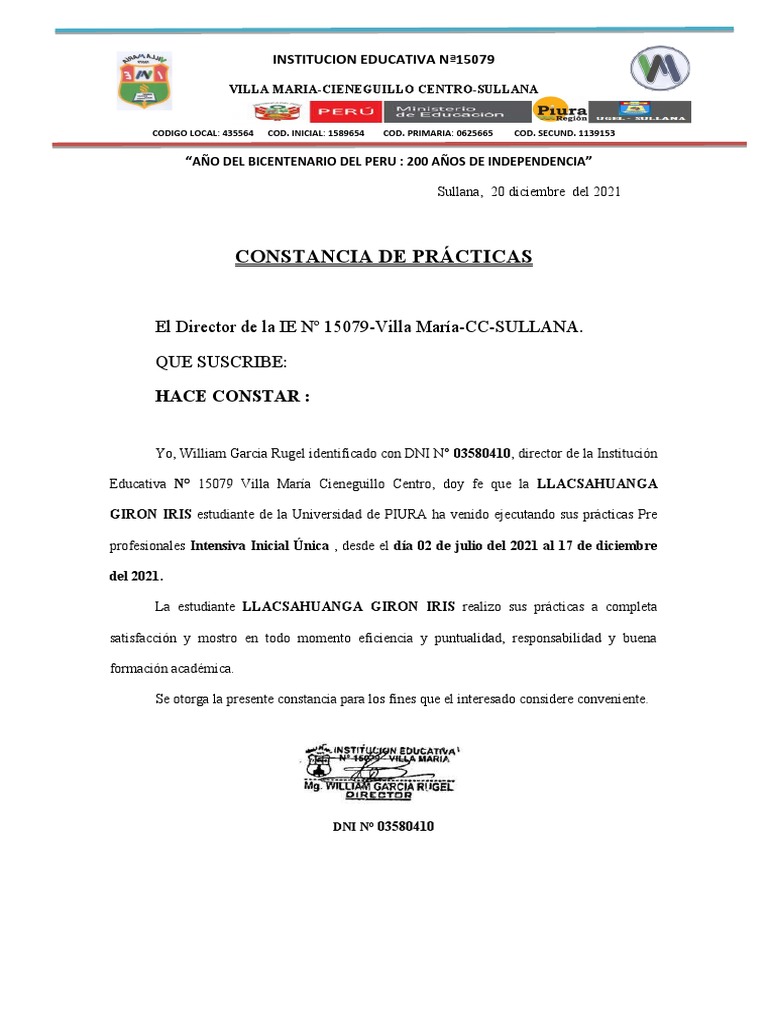 Constancia de Practicas Pre Profesionales. | PDF