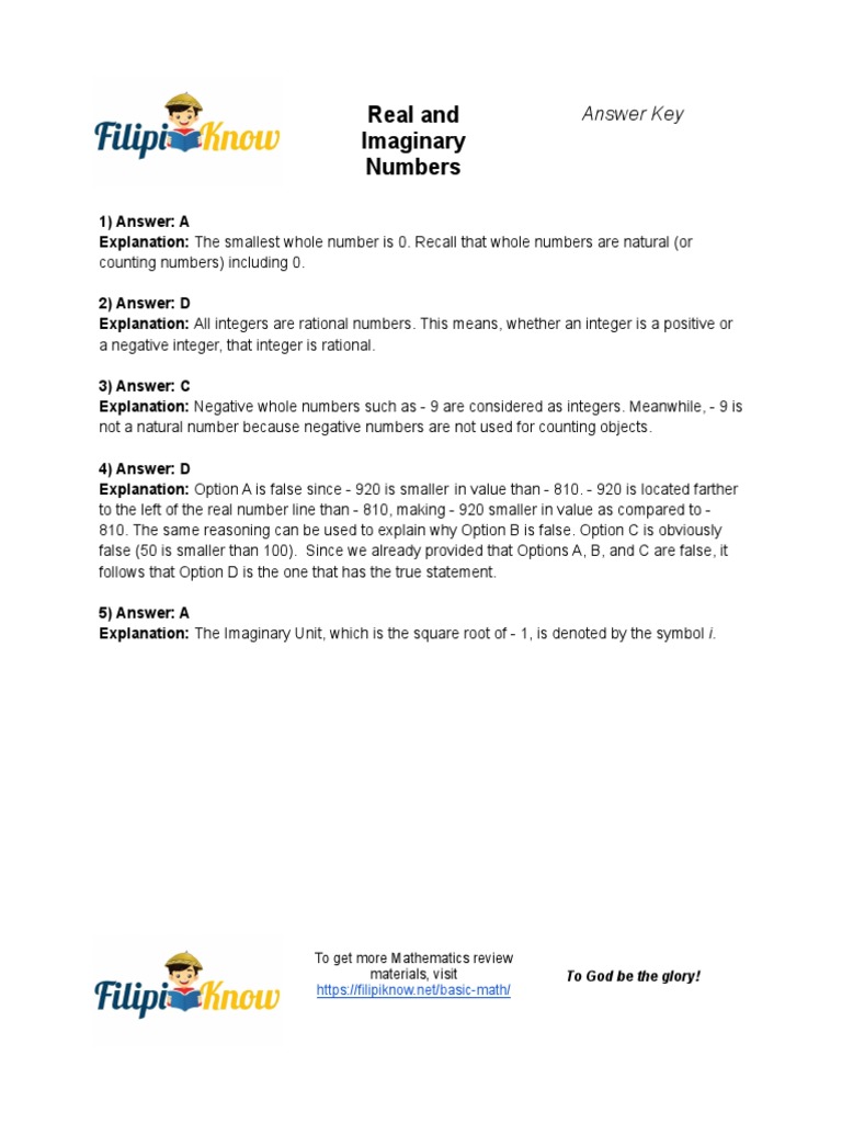 Real and Imaginary Numbers Answer Key | PDF