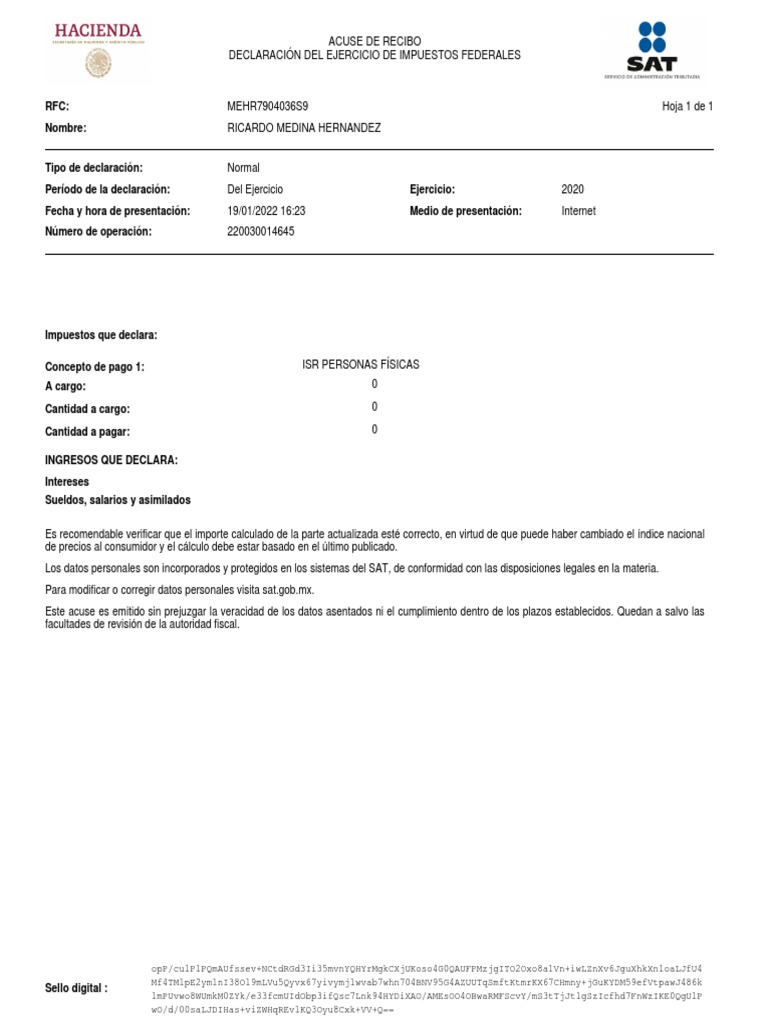 Acuse de recibo de declaración de impuestos federales para el ejercicio ...