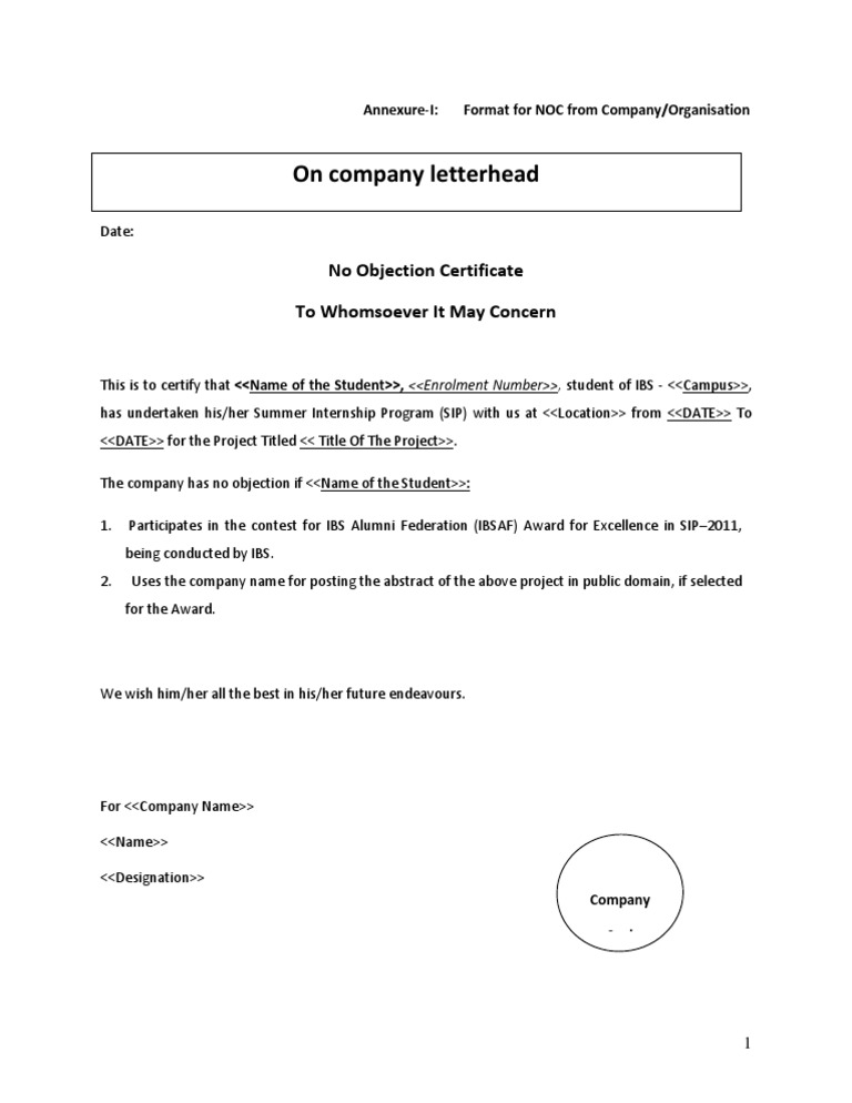 NOC Format for Internship Certificate | PDF | Business