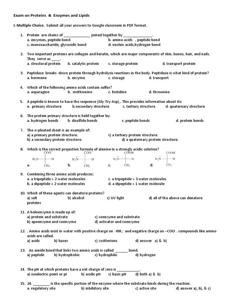Exam On Proteins & Enzymes and Lipids: I. Multiple Choice. Submit All ...