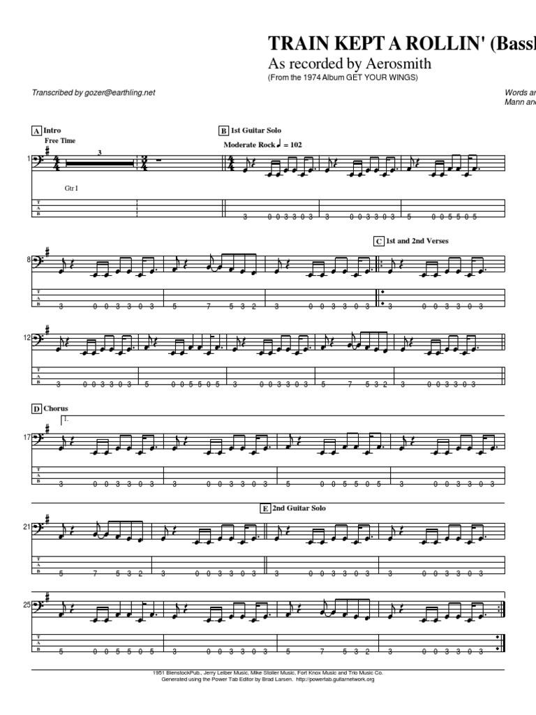 Aerosmith - Train Kept A Rollin Bass | PDF