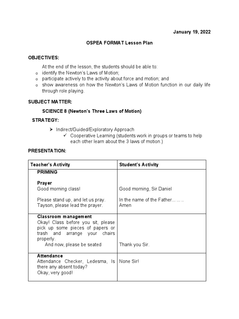 OSPEA Lesson Plan Lorio | PDF | Newton's Laws Of Motion | Force