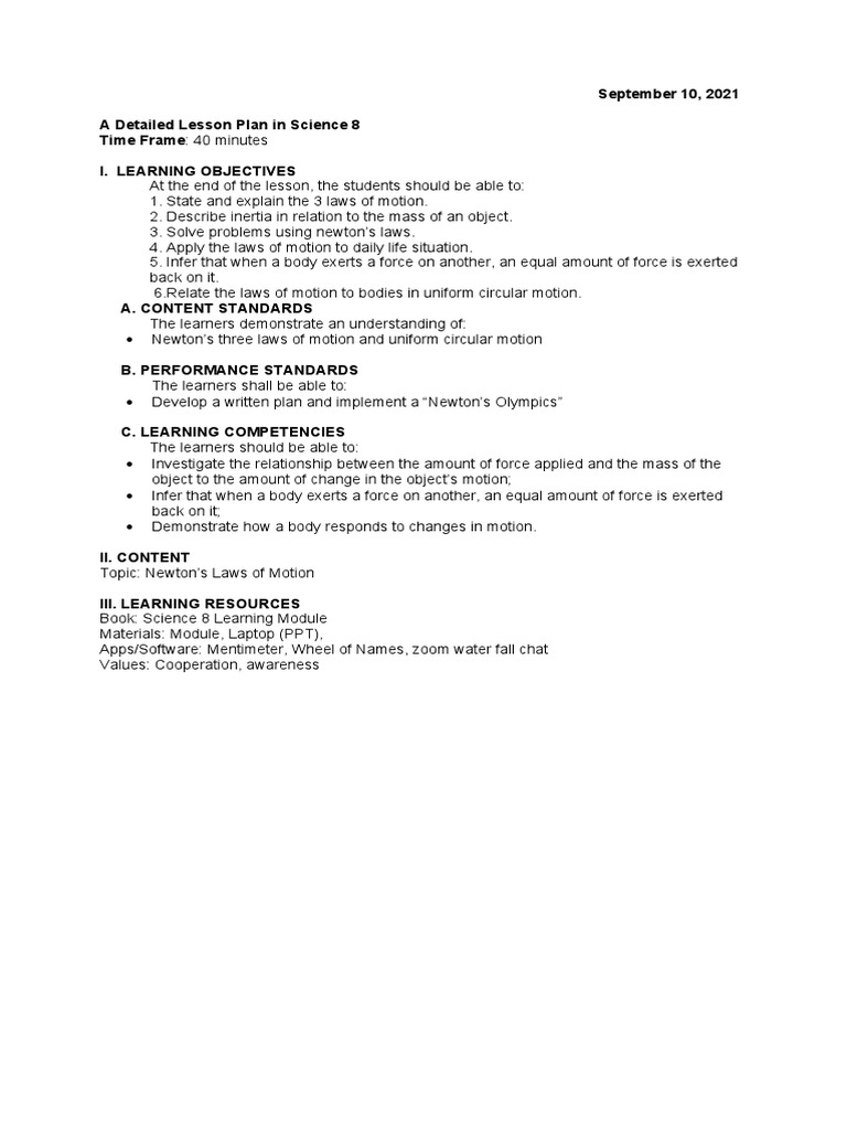 3 Laws of Motion Lesson Plan - KODIGO | PDF | Force | Acceleration