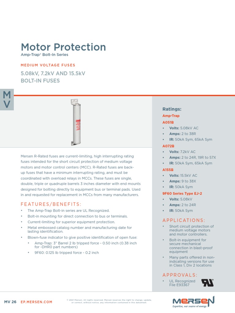 Motor Protection: 5.08kV, 7.2kV AND 15.5kV Bolt-In Fuses | PDF | Fuse ...