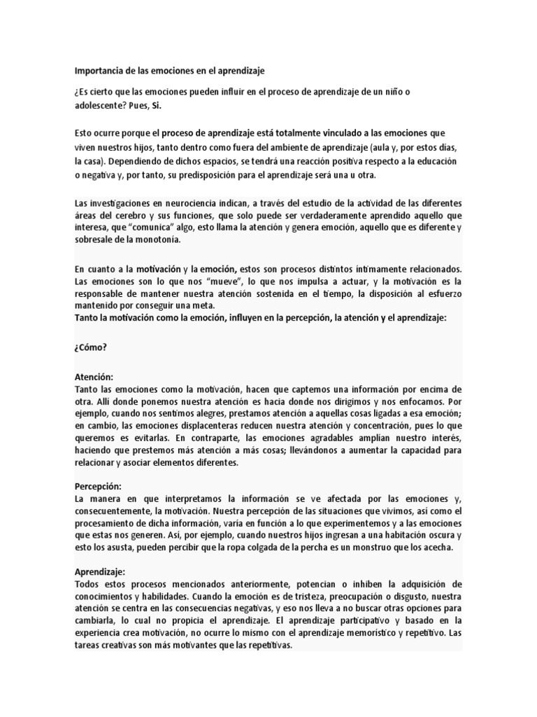 Importancia De Las Emociones En El Aprendizaje Pdf Las Emociones