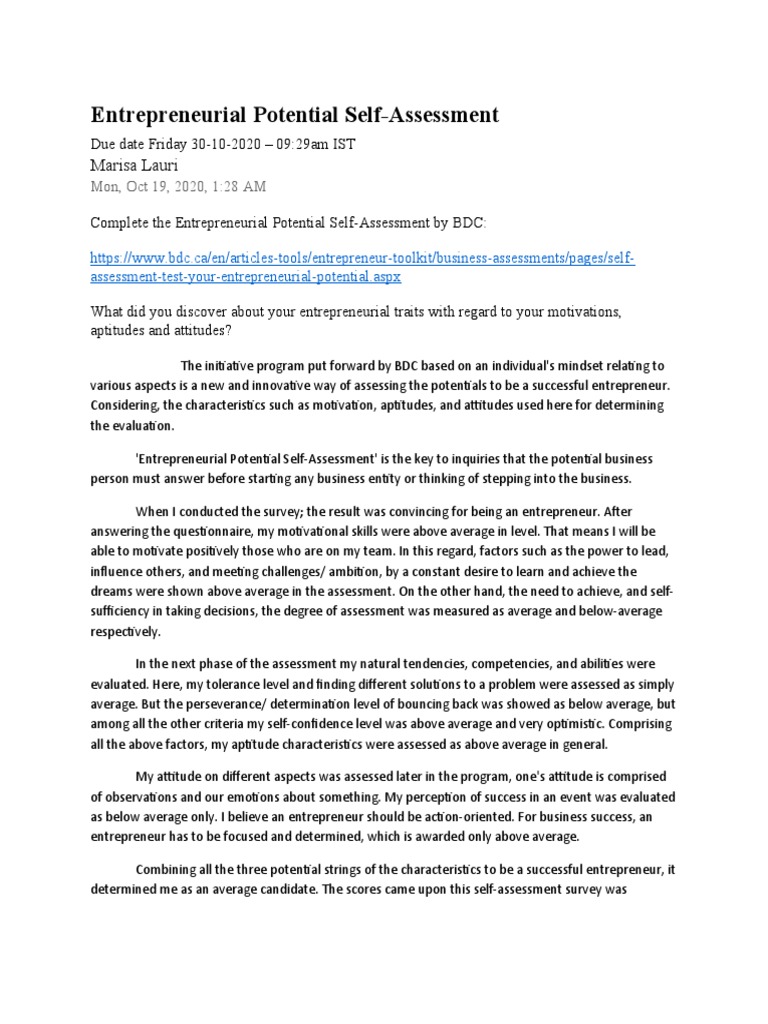 ADMN1016-Entrepreneurial Potential Self-Assessment | PDF | Attitude ...