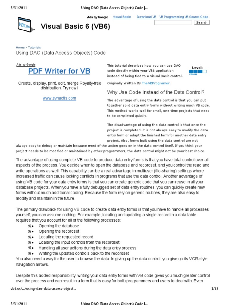 Using DAO (Data Access Objects) Code - Visual Basic 6 (VB6 | PDF ...