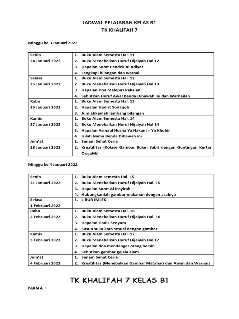 Jadwal Pelajaran Kelas B1 Januari 2022 Mingu 2 | PDF