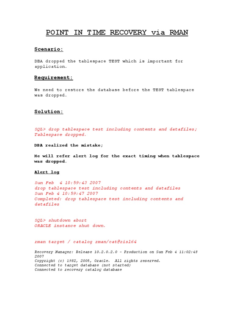 Point in Time Recovery Via Rman | PDF | Backup | Oracle Database