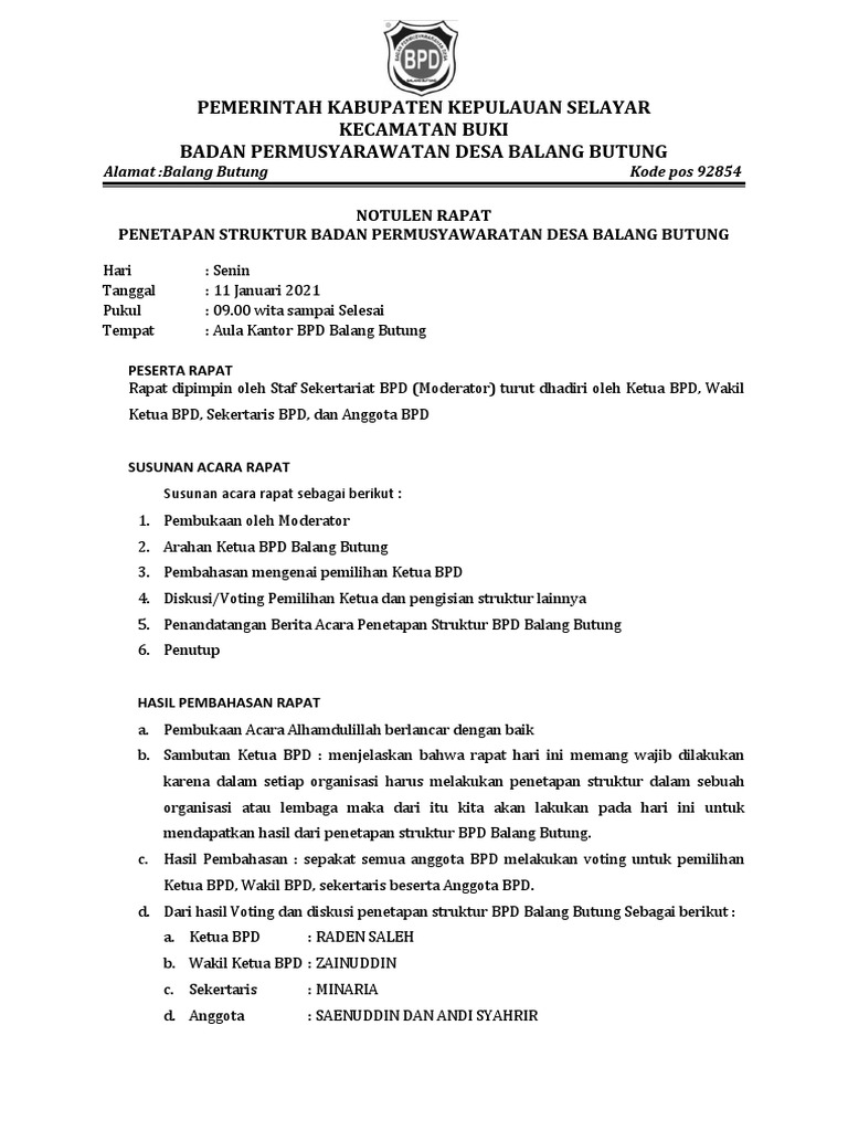 Notulen Rapat Struktur BPD | PDF