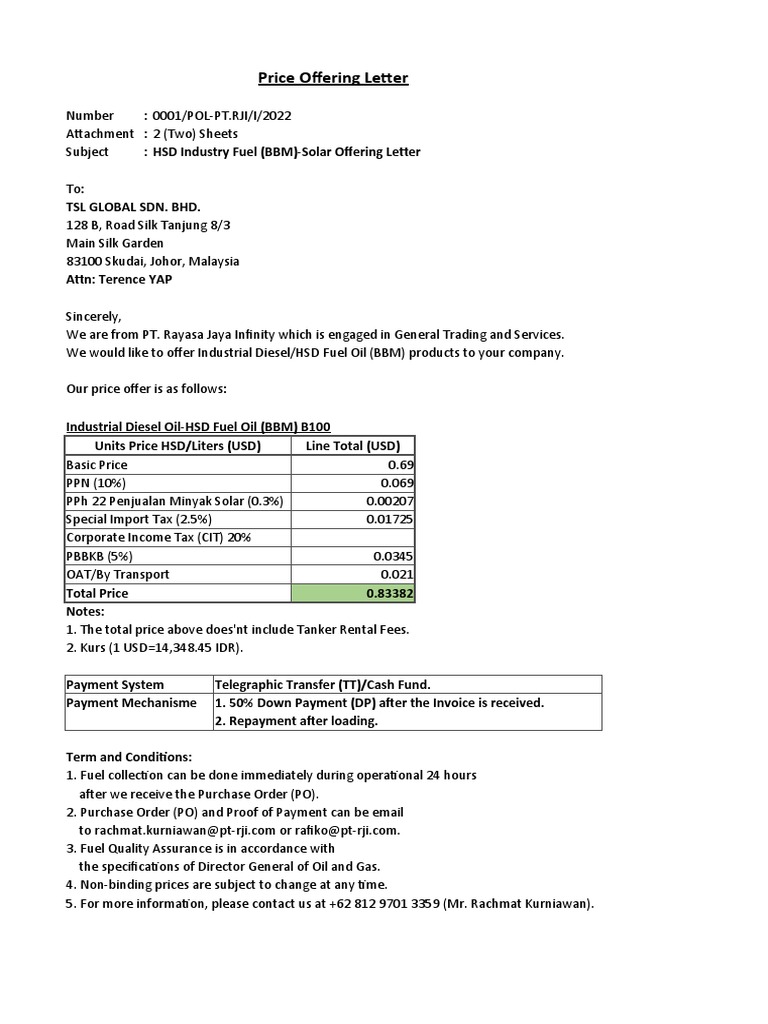 Draft Price Offering Letter PT. Rayasa To TSL Global SDN. BHD. (Johor ...