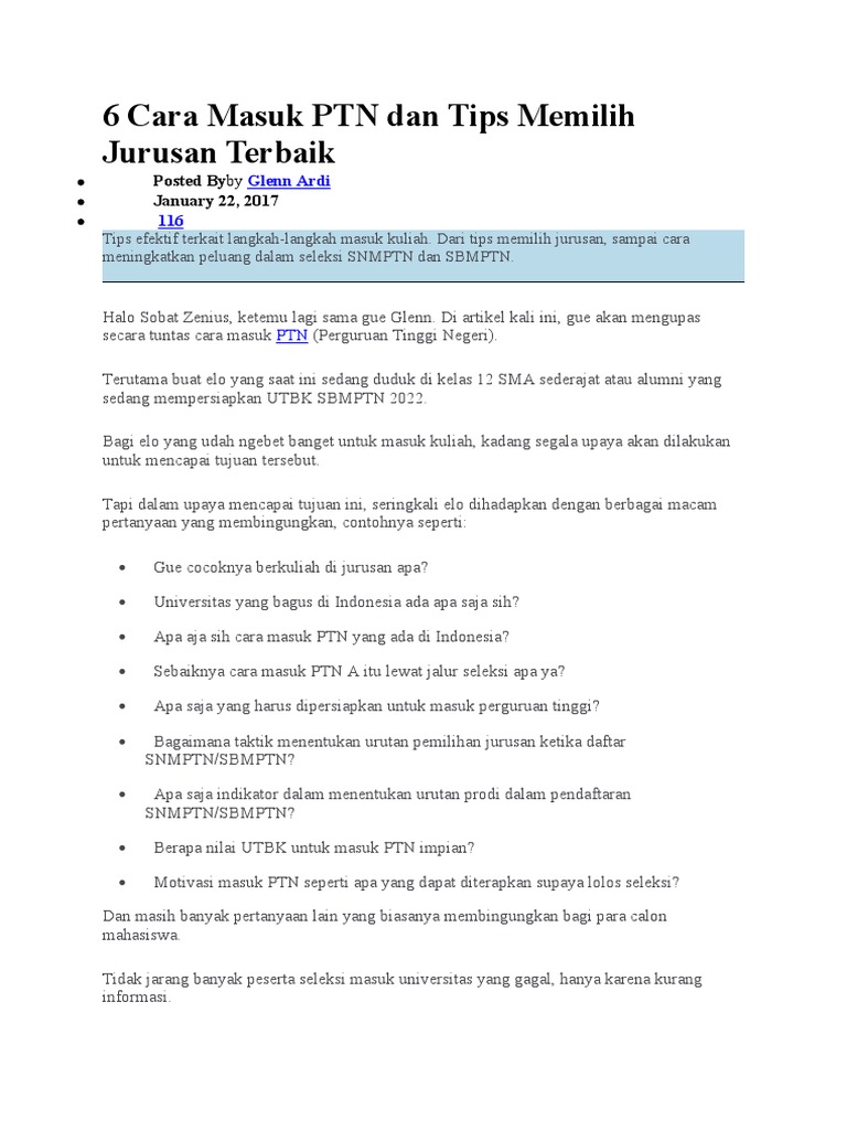 6 Cara Masuk PTN Dan Tips Memilih Jurusan Terbaik | PDF | Ilmu Sosial ...