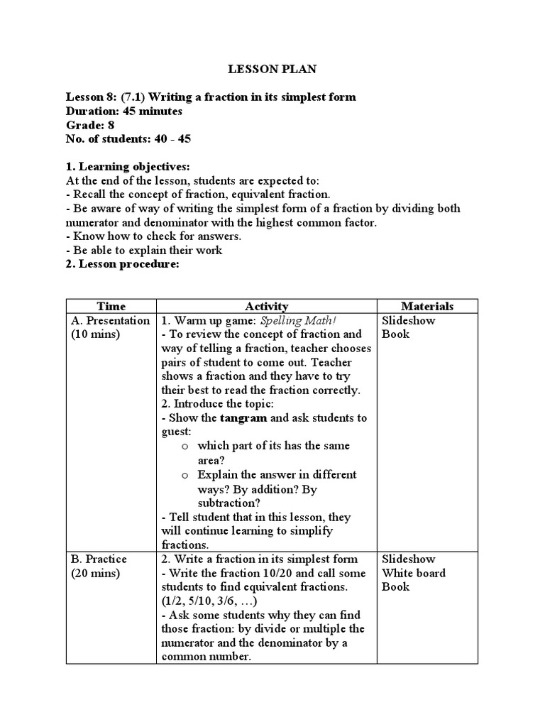 Simplifying Fractions: A 45-Minute Lesson Plan for Teaching 8th Graders ...