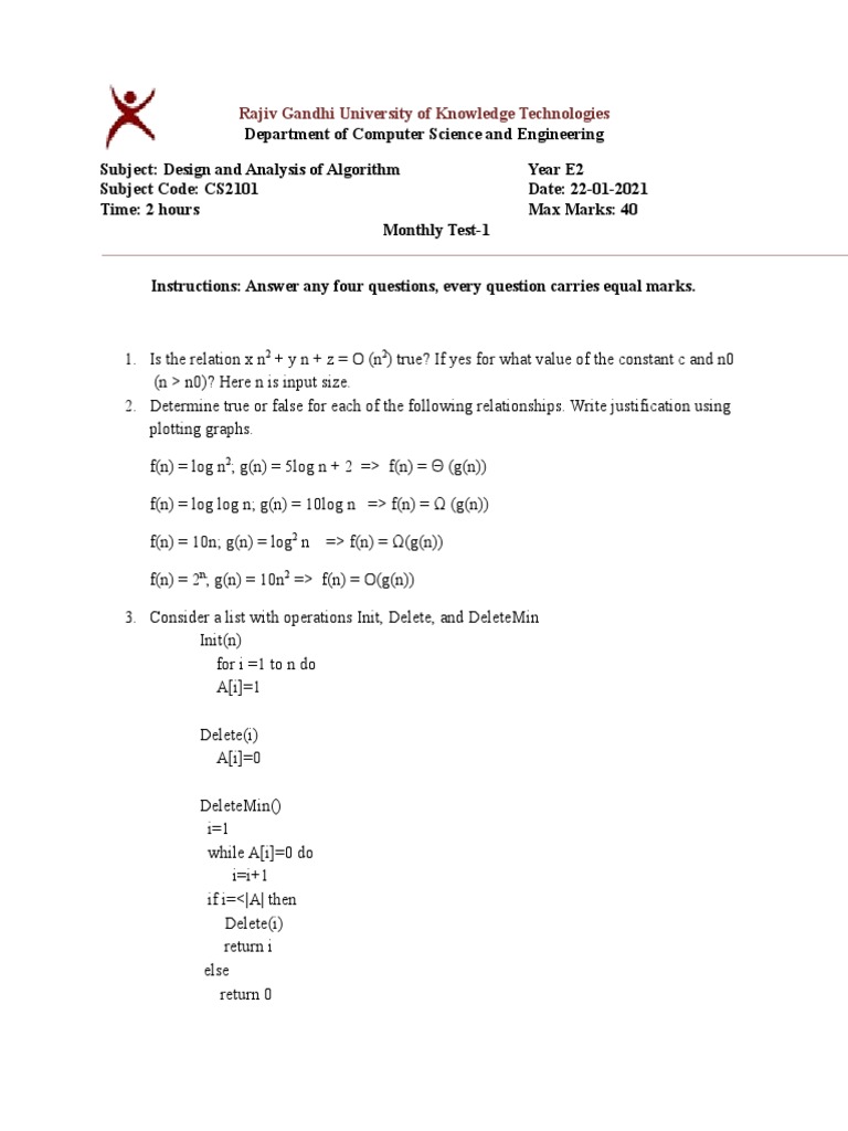 Monthly Test on Algorithm Design Concepts | PDF | Matrix (Mathematics ...