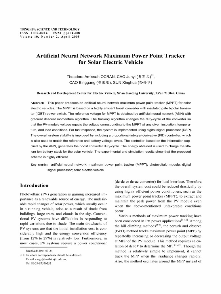 Artificial Neural Network Maximum Power Point Tracker For Solar Electric Vehicle | Download Free ...