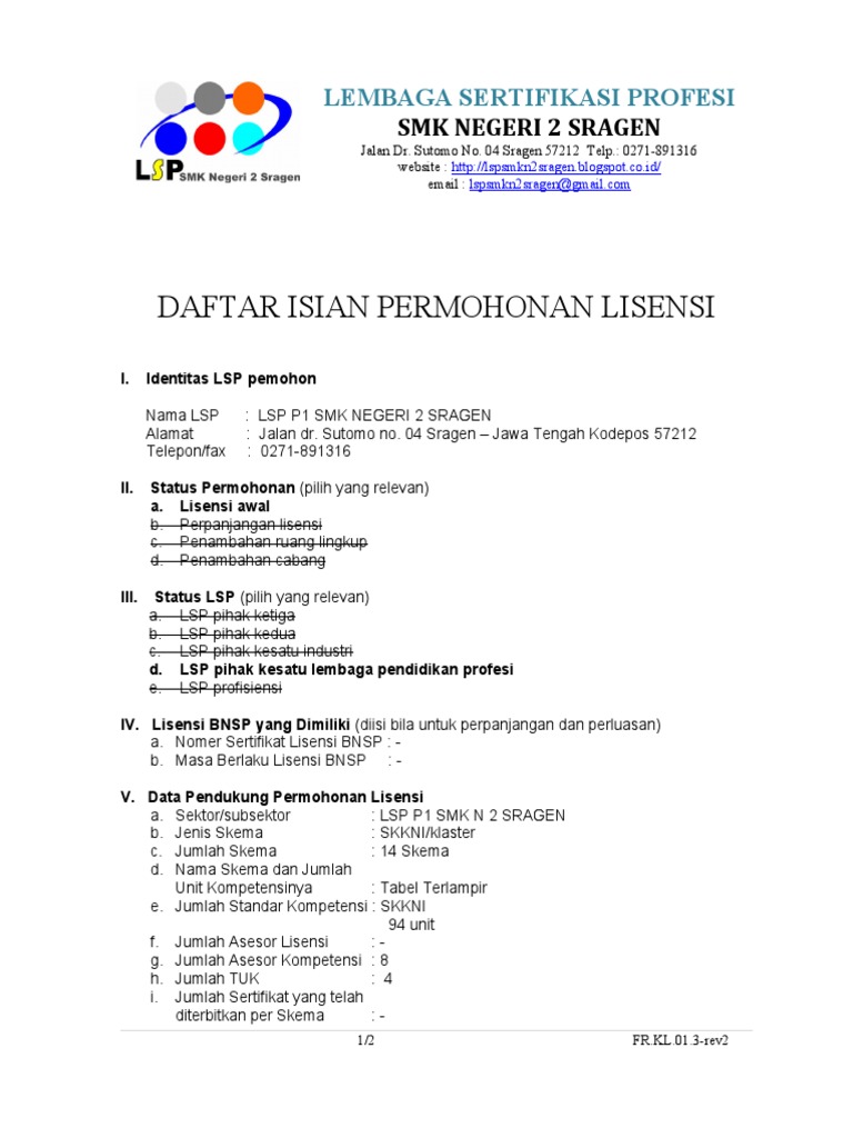 Contoh Lembar Isian LSP | PDF