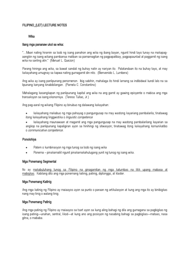 1 Filipino LET LECTURE NOTES | PDF