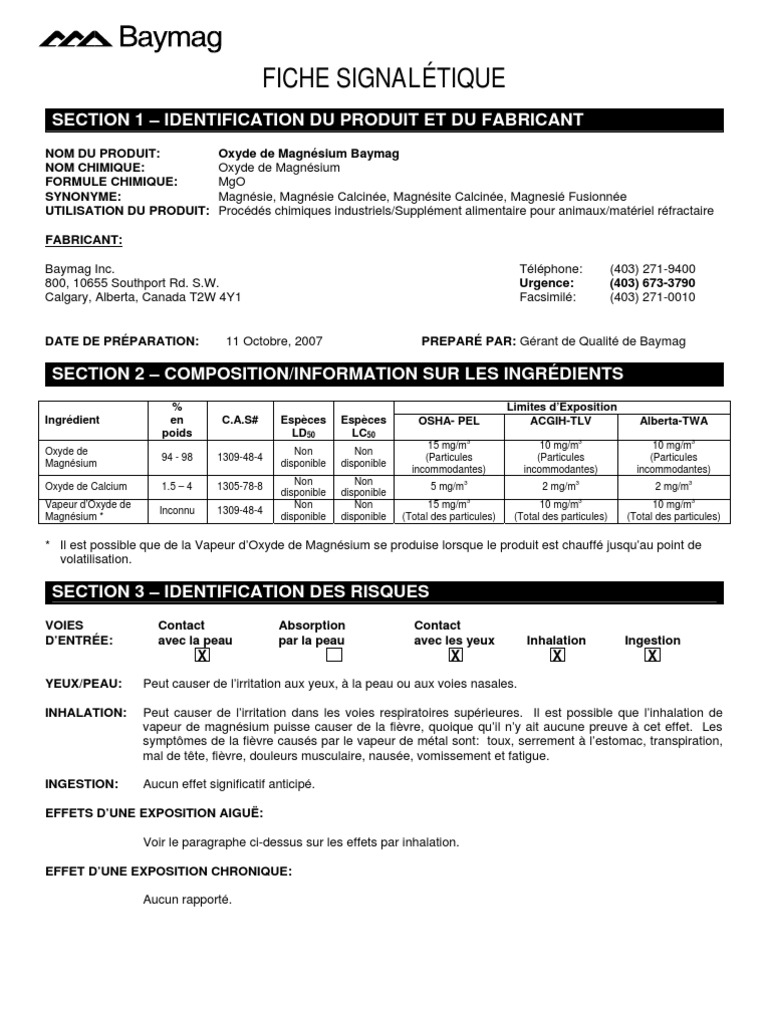 Oxyde de Magnesium Msds | Magnésium | Substances chimiques