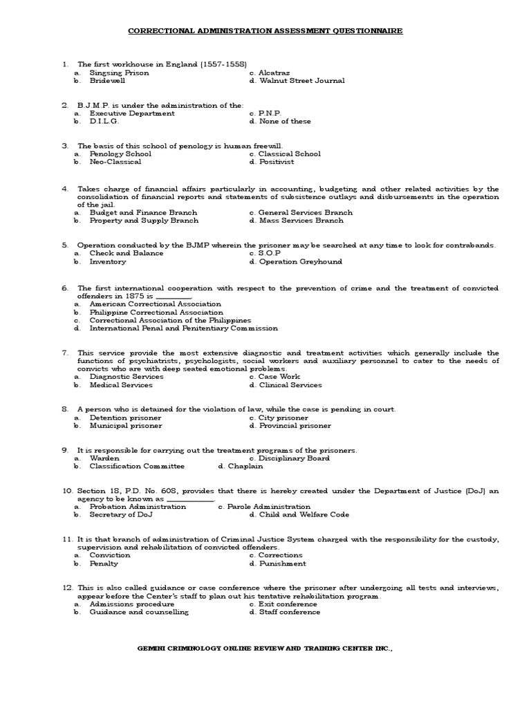 Correctional Administration Assessment Quiz | PDF | Prison | Probation